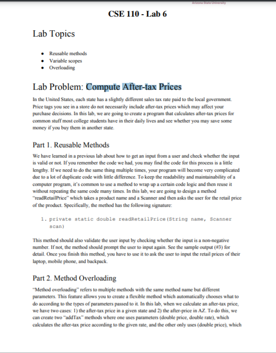 Solved CSE 110 - Lab 6 Lab Topics Reusable methods • | Chegg.com