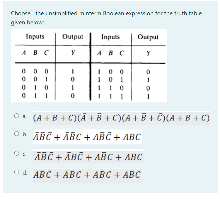 Solved Choose The Unsimplified Minterm Boolean Expression 3670