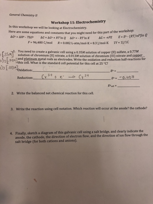 General Chemistry II Workshop 11: Electrochemistry In | Chegg.com