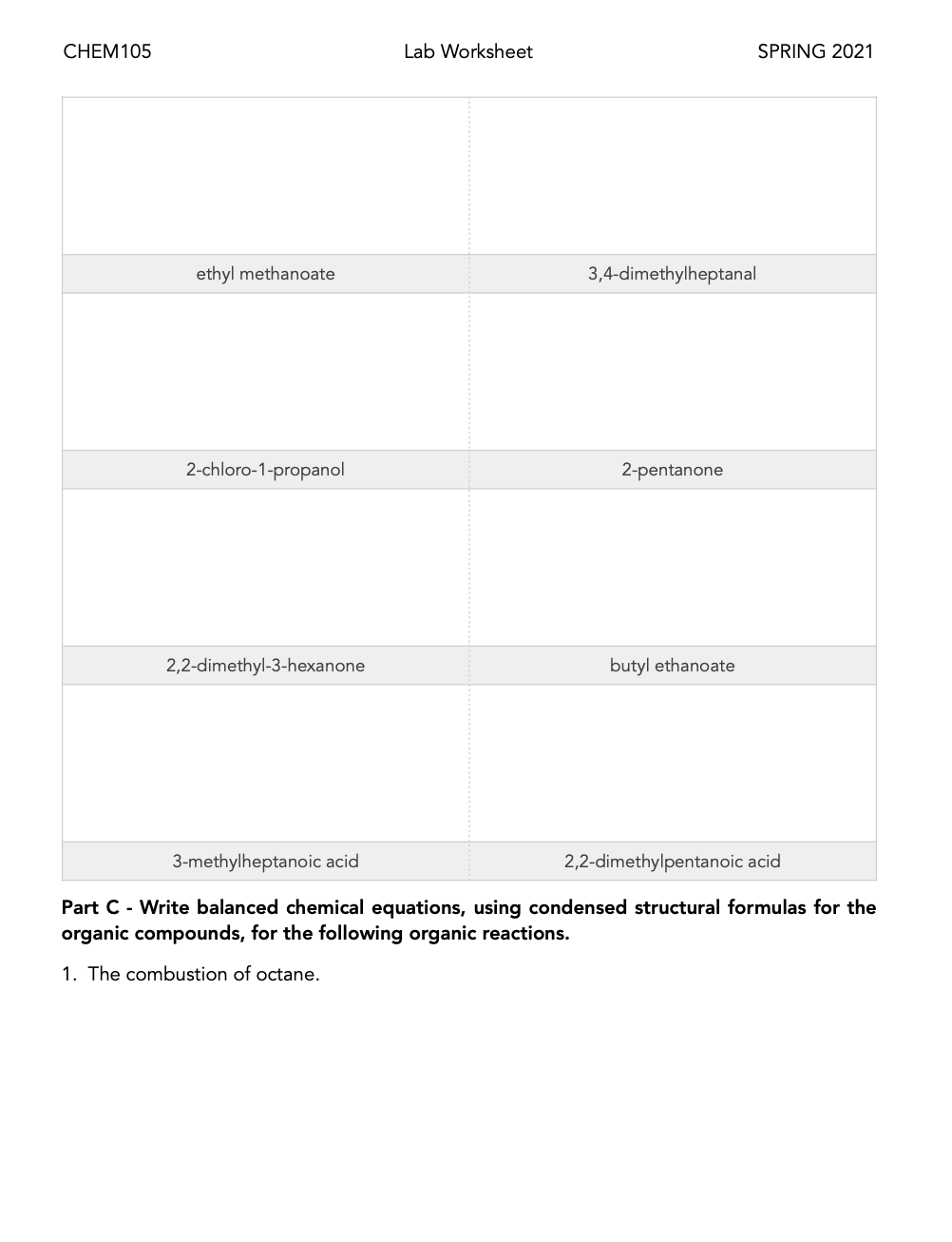 Solved CHEM 105 Lab Worksheet SPRING 2021 Chapter 14 Lab | Chegg.com