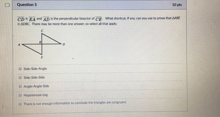 Solved What shortcut can be used to prove that triangle ABE | Chegg.com