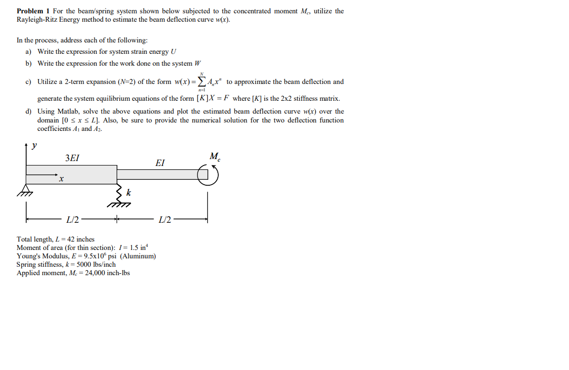 Problem 1 For the beam/spring system shown below | Chegg.com