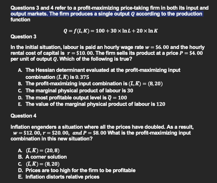 Solved Questions 3 ﻿and 4 ﻿refer to a profit-maximizing | Chegg.com