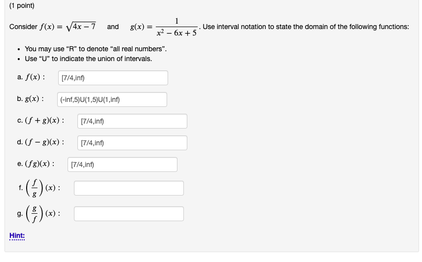 Solved (1 point) Consider f(x) = 4x - 7 and g(x) = 1 x2 - 6x | Chegg.com