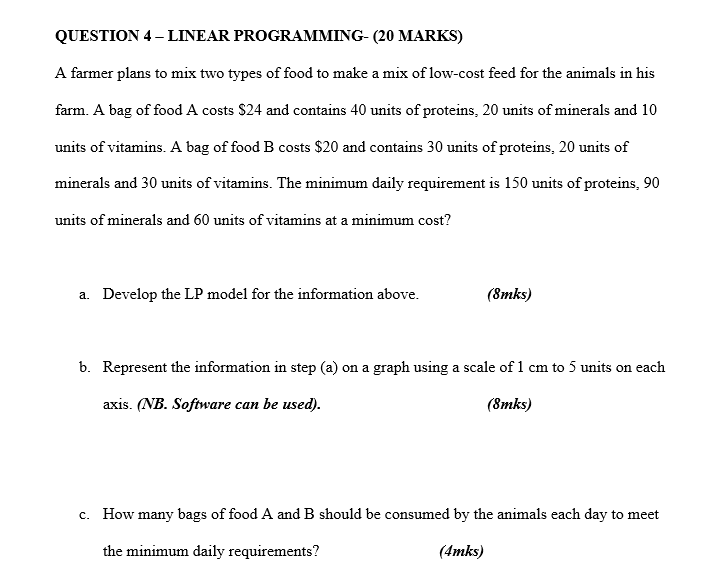 Solved QUESTION 4 - LINEAR PROGRAMMING-(20 MARKS) A farmer | Chegg.com