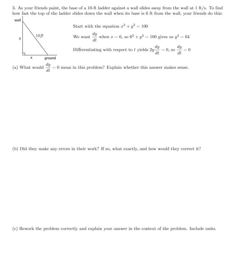 Solved 3. As your friends paint, the base of a 10-ft ladder | Chegg.com