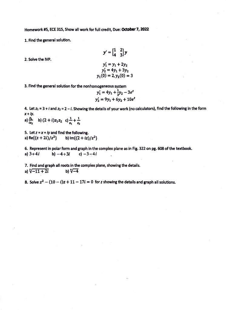 Solved Homework 5 Ece 315 Show All Work For Full Credit