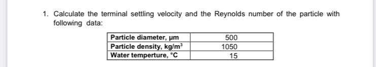 Solved Calculate the terminal settling velocity and the | Chegg.com