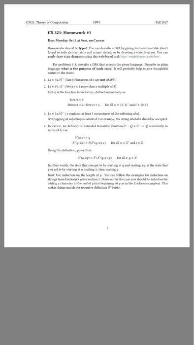 Solved CS321 Theory of al 2017 CS 321: Homework #1 Due: | Chegg.com