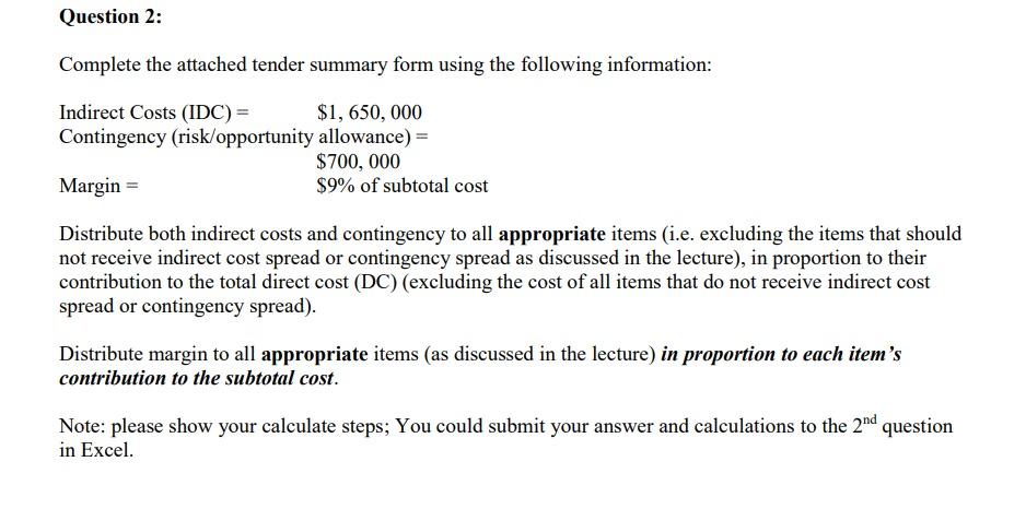 Complete the attached tender summary form using the | Chegg.com