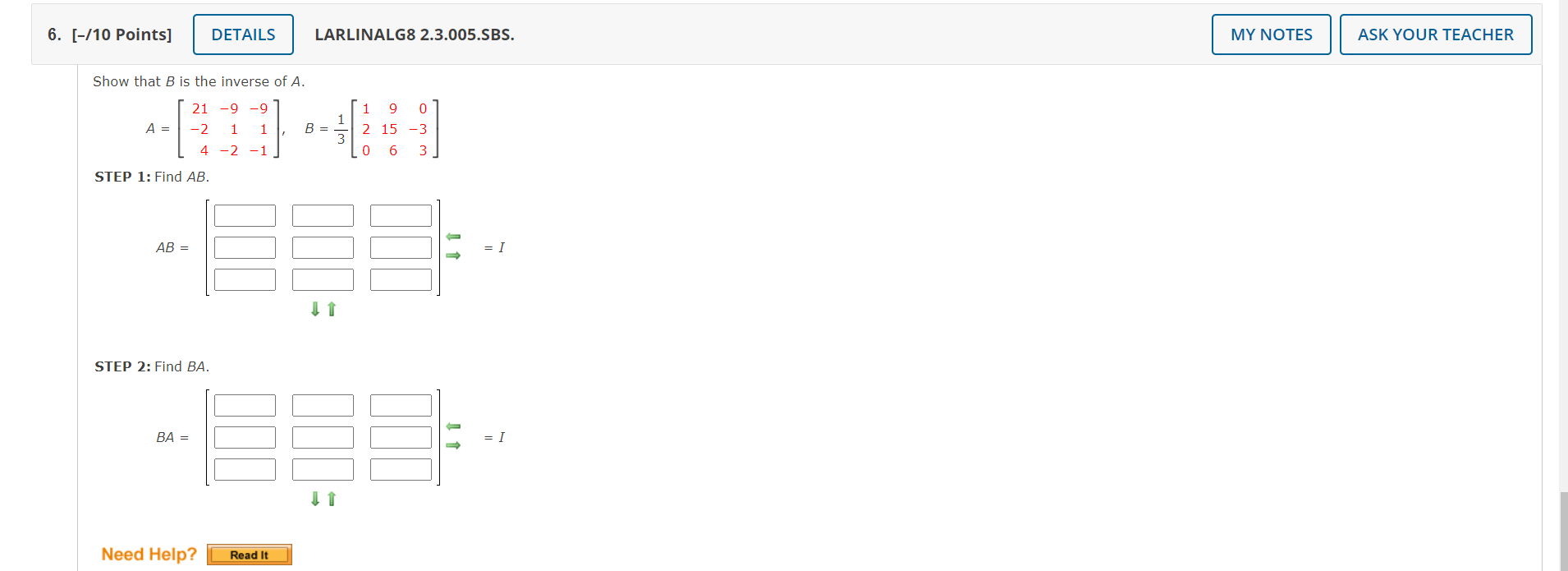 Solved 1. [-/10 Points] DETAILS LARLINALG8 2.1.501.XP. | Chegg.com