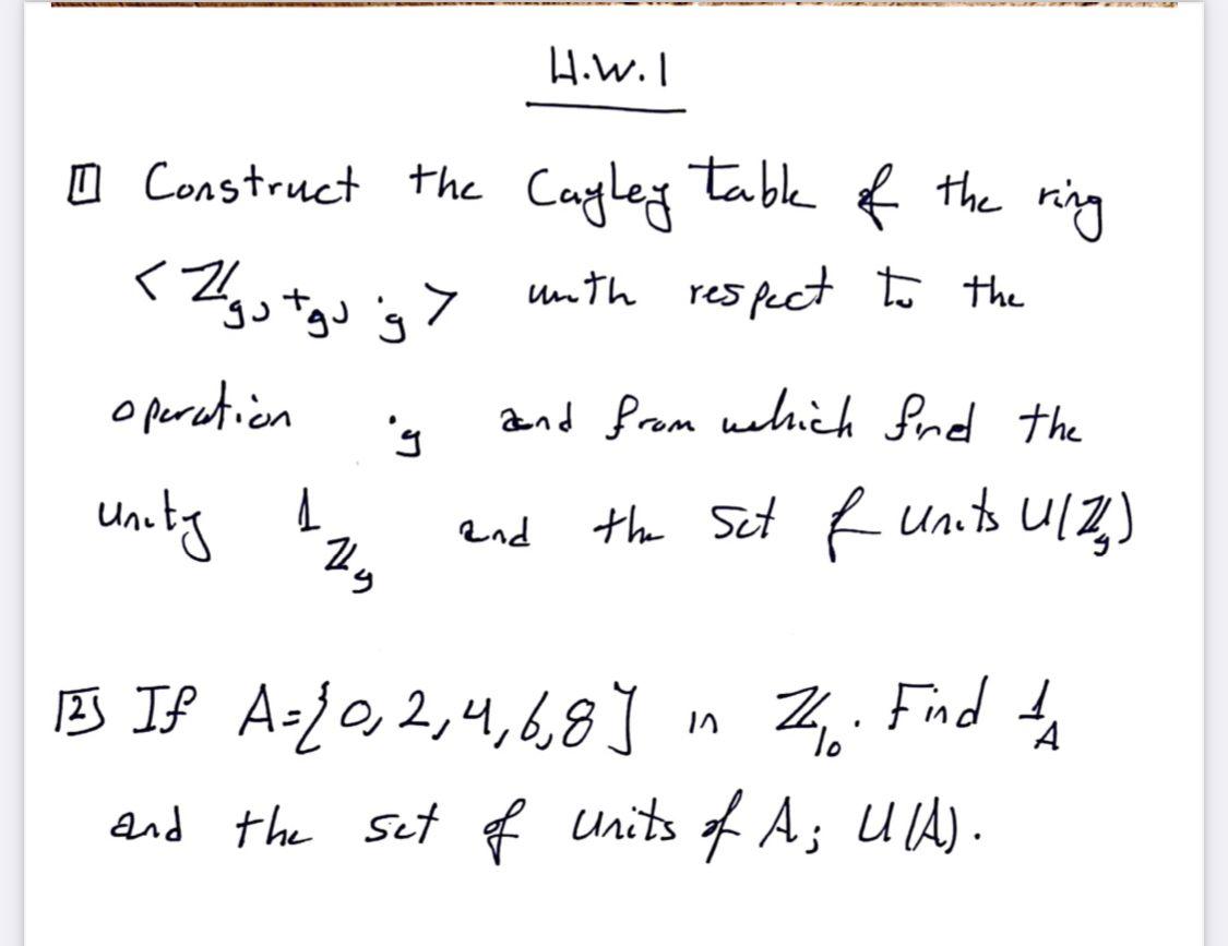 Solved H.Wil 0 Construct the Cayley table of the ring unith | Chegg.com