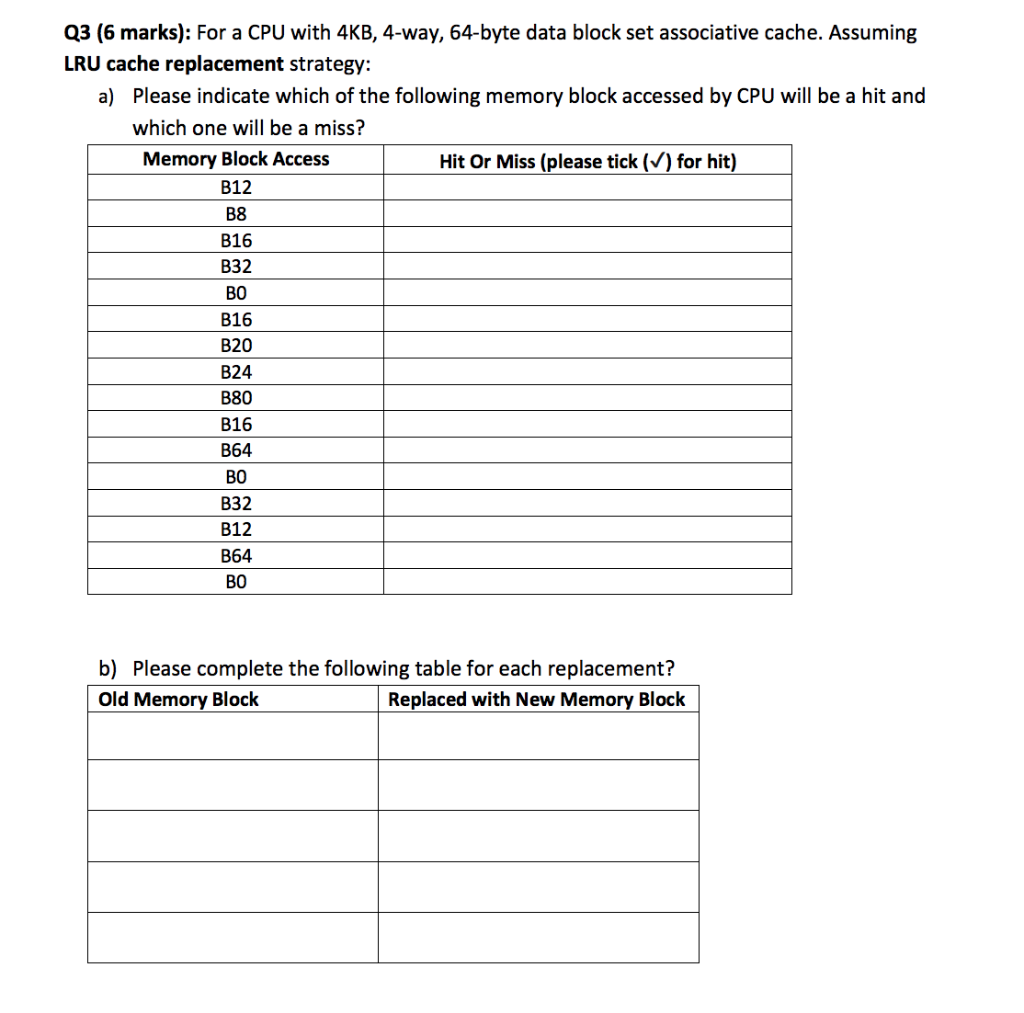 Solved Q3 (6 marks): For a CPU with 4KB, 4-way, 64-byte data | Chegg.com