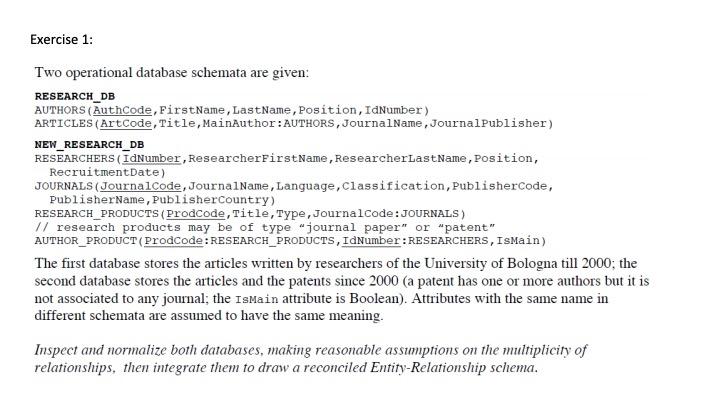Solved Exercise 1: Two operational database schemata are | Chegg.com
