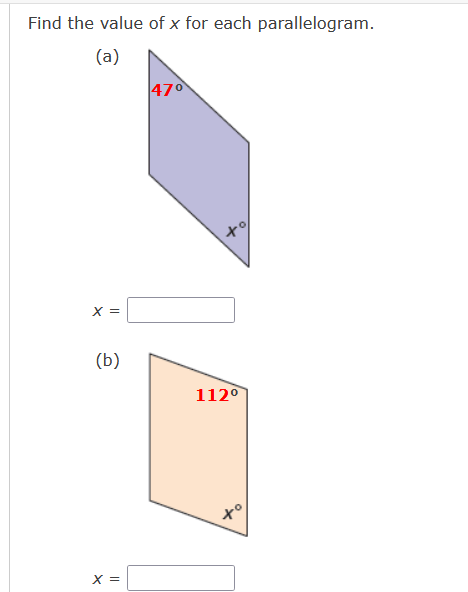 Solved Find the value of x for each parallelogram. (a) x= | Chegg.com
