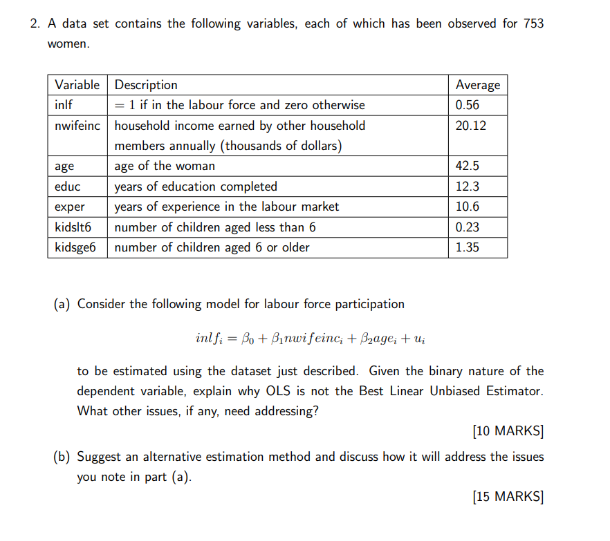 Solved 2. A data set contains the following variables, each | Chegg.com
