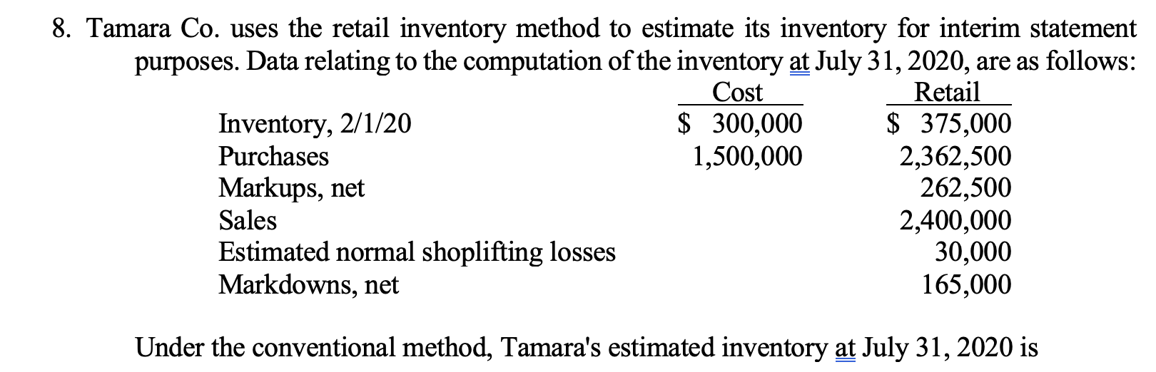 Solved 8. Tamara Co. uses the retail inventory method to | Chegg.com