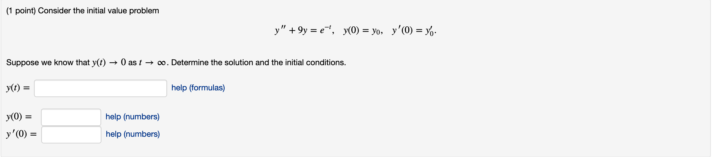 Solved (1 point) Consider the initial value problem y" +9y = | Chegg.com