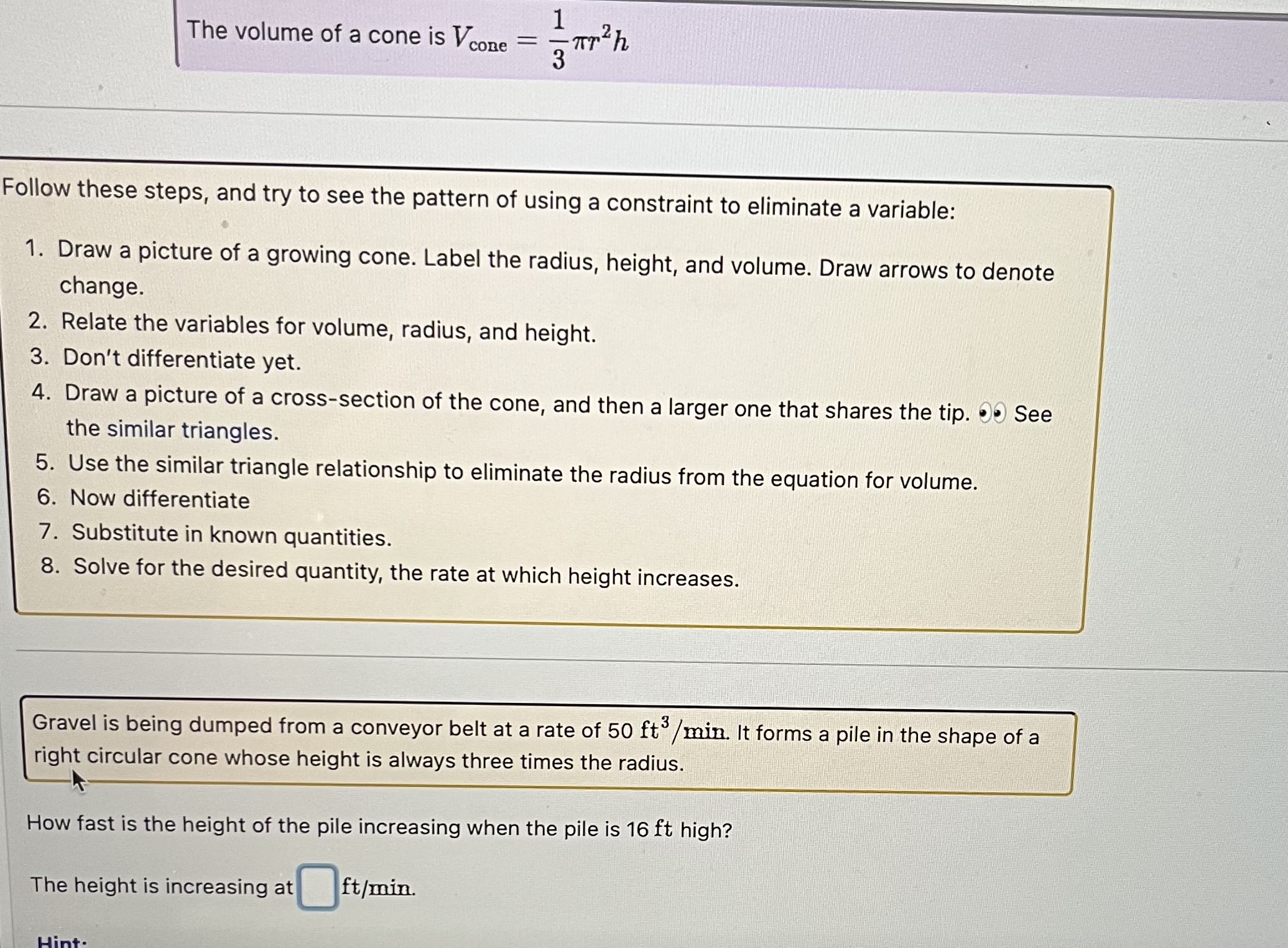 Solved The volume of a cone is Vcone =31πr2h Follow these | Chegg.com