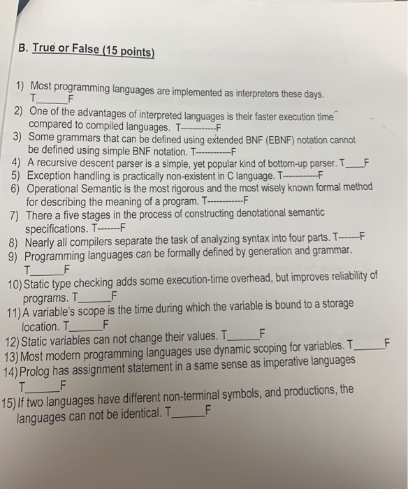 Solved B. True or False (15 points) 1) Most programming | Chegg.com