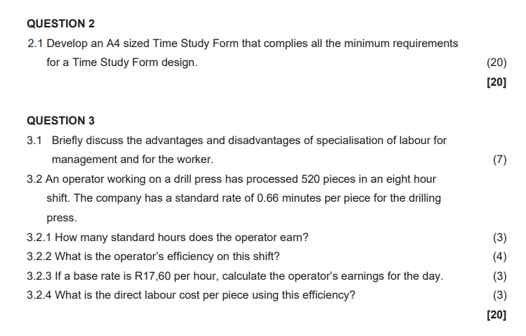 Solved QUESTION 2 2.1 Develop an A4 sized Time Study Form | Chegg.com