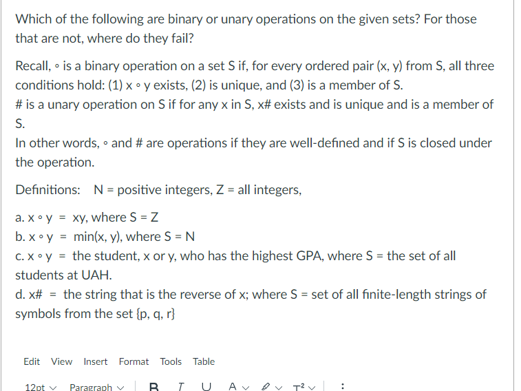 Solved Which of the following are binary or unary operations | Chegg.com
