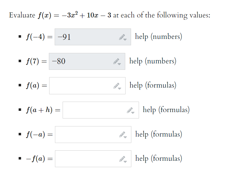 Solved Evaluate f(x)=-3x2+10x-3 ﻿at each of the following | Chegg.com