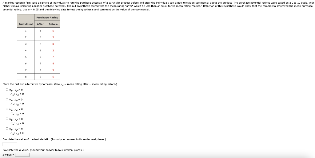 Solved potential rating. Use ∝=0.05 and the following data | Chegg.com