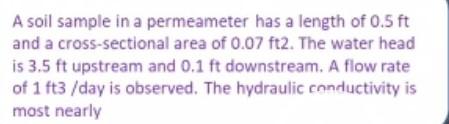 Solved A soil sample in a permeameter has a length of 0.5 ft | Chegg.com
