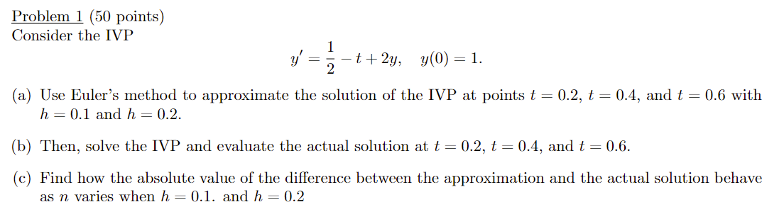 Solved Consider the IVP y′=21−t+2y,y(0)=1. (a) Use Euler's | Chegg.com