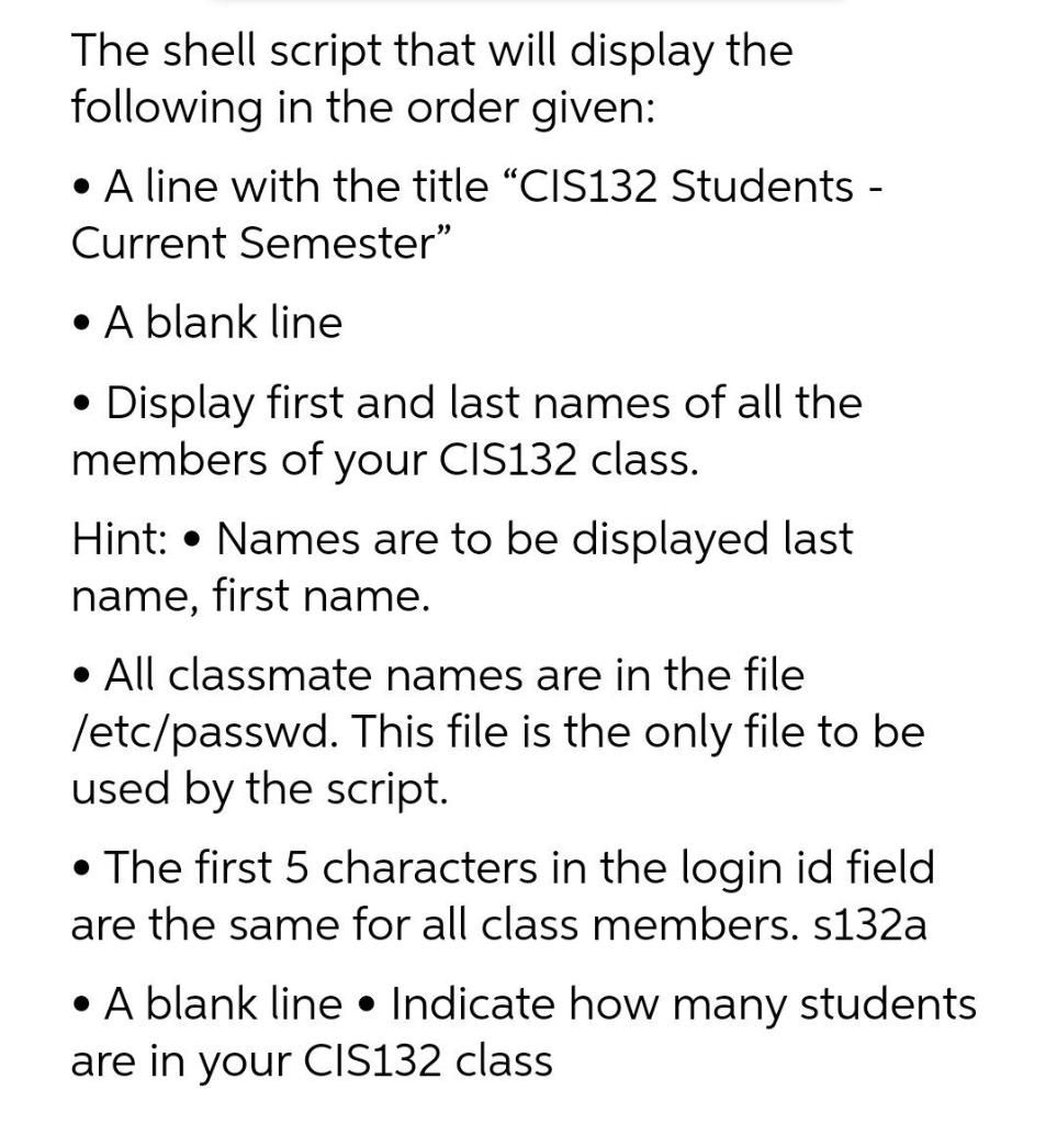 Solved The shell script that will display the following in | Chegg.com
