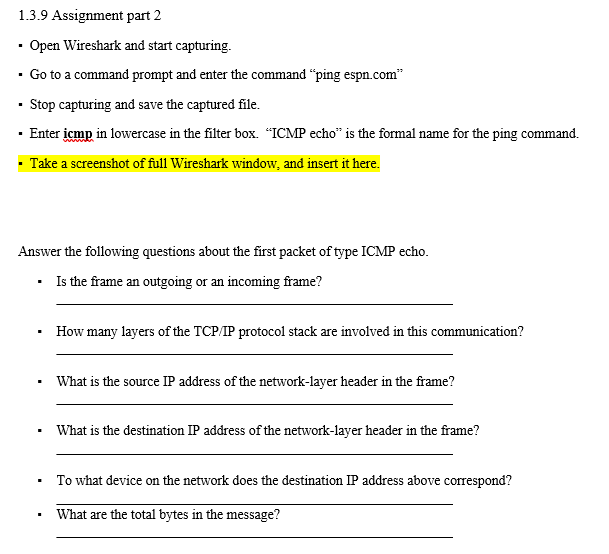 Solved 1.3.9 Assignment part 2 - Open Wireshark and start | Chegg.com