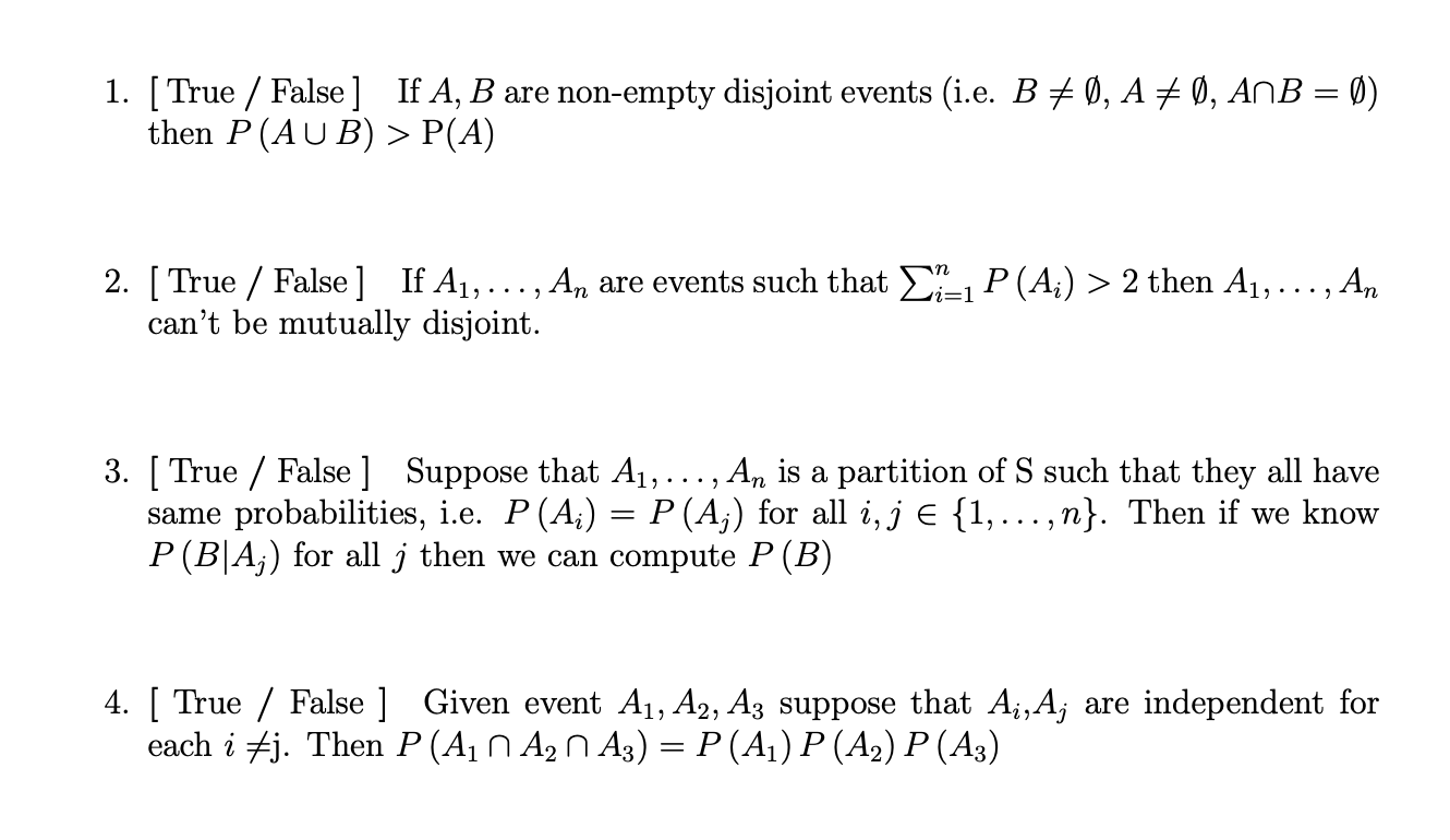 Solved 1. [ True / False] If A, B are non-empty disjoint | Chegg.com