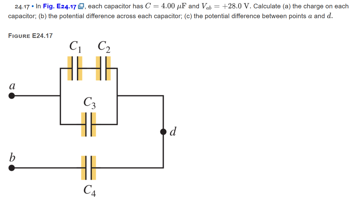 Solved 24.17 ln Fig. E24.17 므, each capacitor has C=4.00μF | Chegg.com