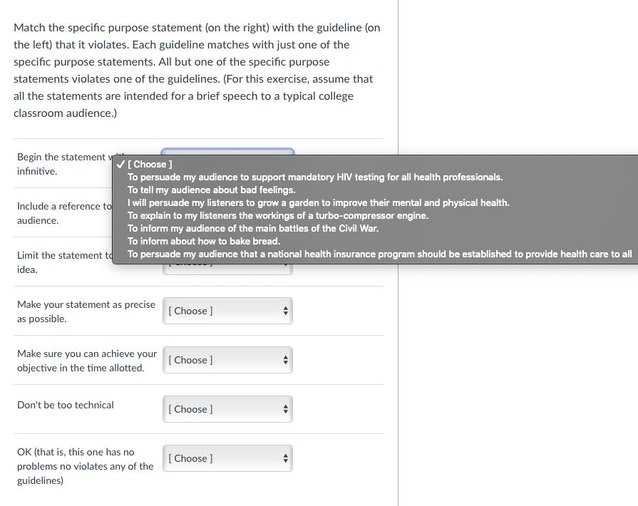 Solved Match the specific purpose statement (on the right) | Chegg.com