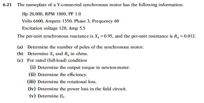 Solved The nameplate of a Y-connected synchronous motor has | Chegg.com