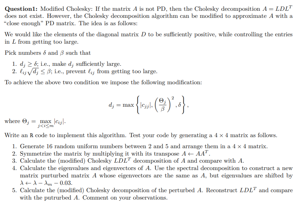 Question1: Modified Cholesky: If the matrix A is not | Chegg.com