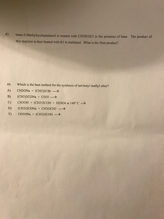 Solved trans-3-Methylcyclopentanol is treated with CH3SO2Cl | Chegg.com