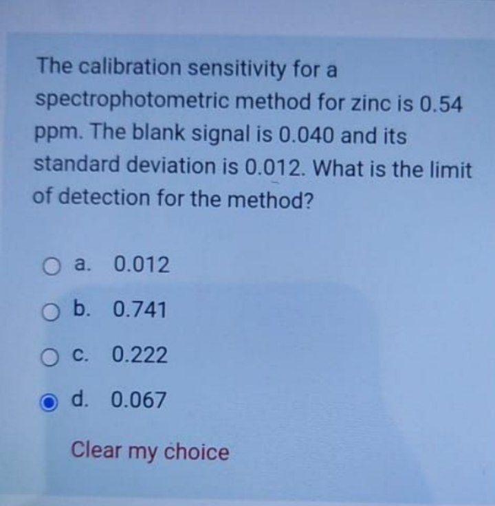 Solved The calibration sensitivity for a spectrophotometric | Chegg.com