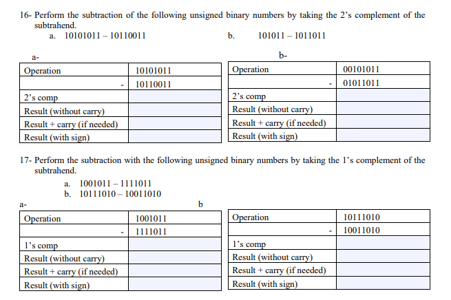 Solved 16 Perform The Subtraction Of The Following Unsigned 