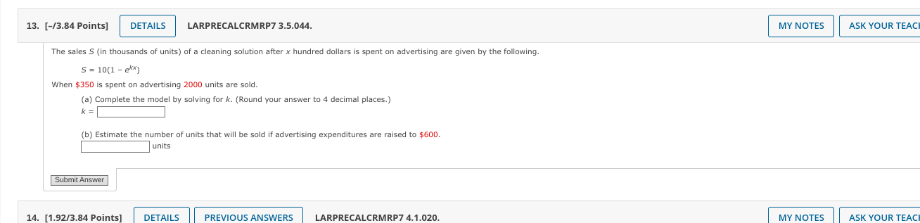 Solved LARPRECALCRMRP7 3.5.044. The sales S (in thousands of | Chegg.com