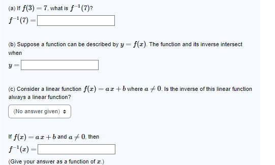 Solved (a) If \\( f(3)=7 \\), what is \\( f^{-1}(7) \\) ? | Chegg.com