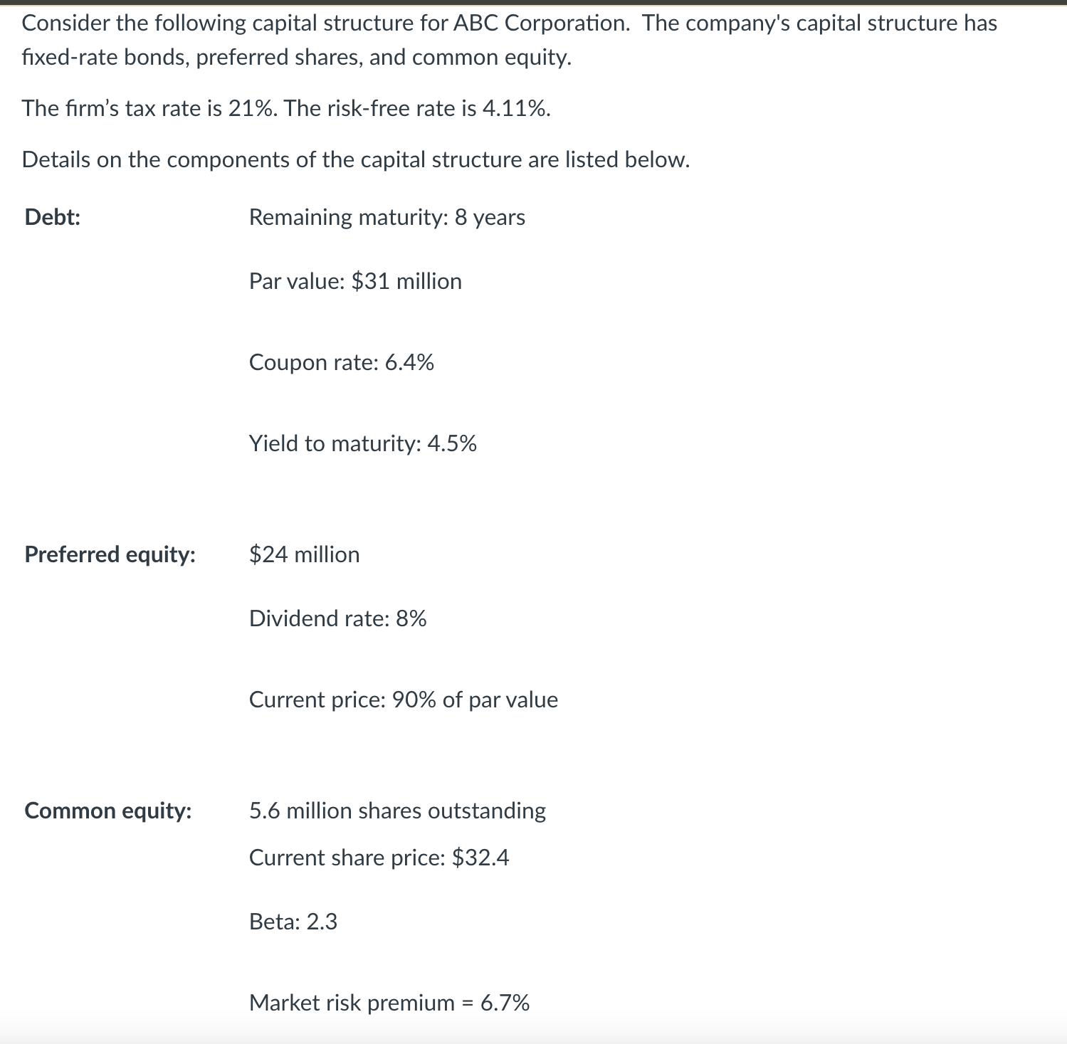 Solved Consider the following capital structure for ABC | Chegg.com