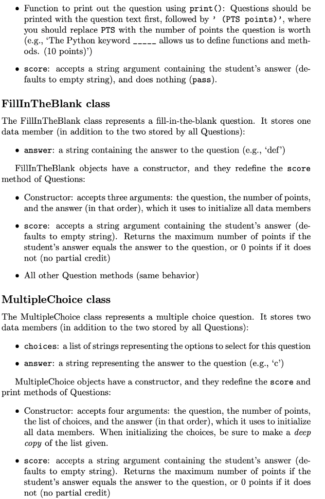 Solved Question class Class representing a question on an | Chegg.com
