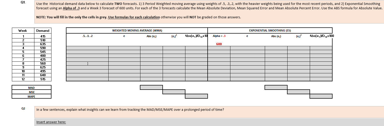 Solved PLEASE HELP WITH 1&2 AND USE EXCEL FORMULAS ONLY FOR | Chegg.com