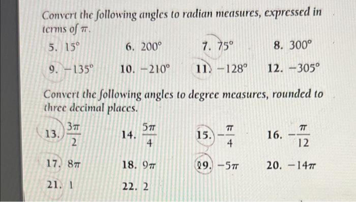 Solved Convert the following angles to radian measures, | Chegg.com