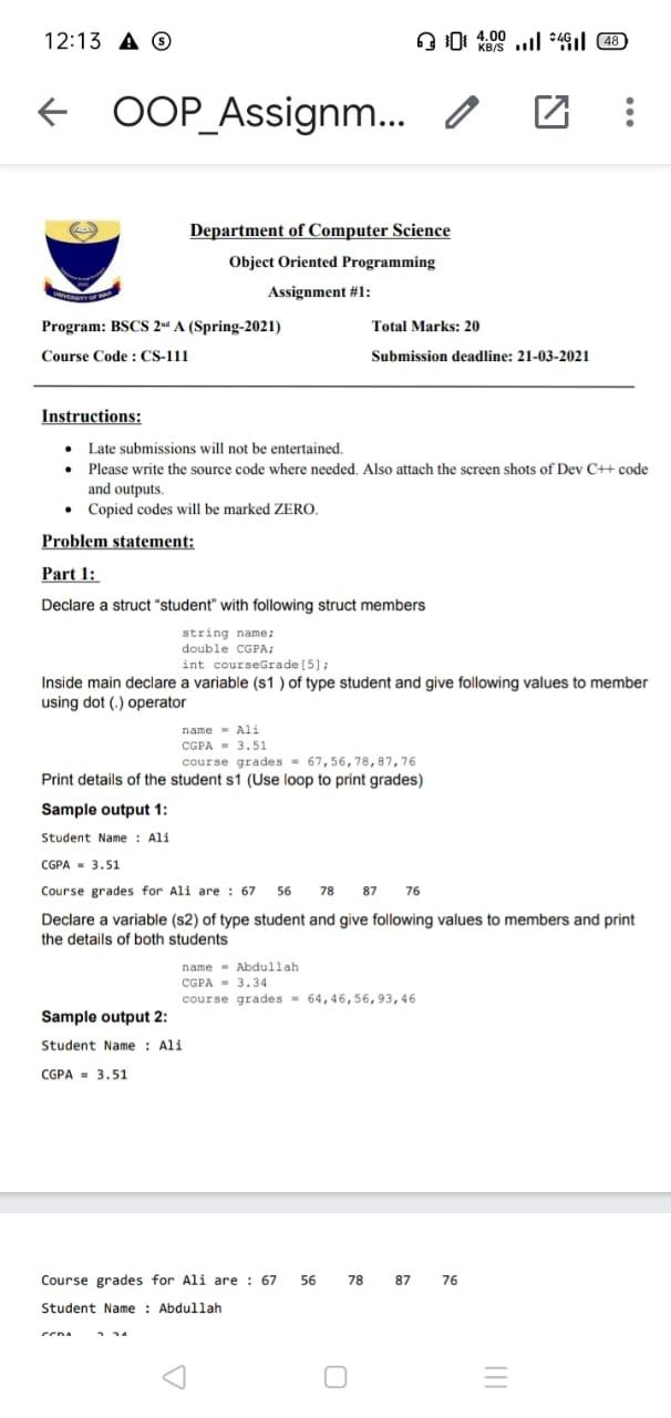 Solved 12:13 AS OM OS 4.1 48 € OOP_Assignm... : Department | Chegg.com