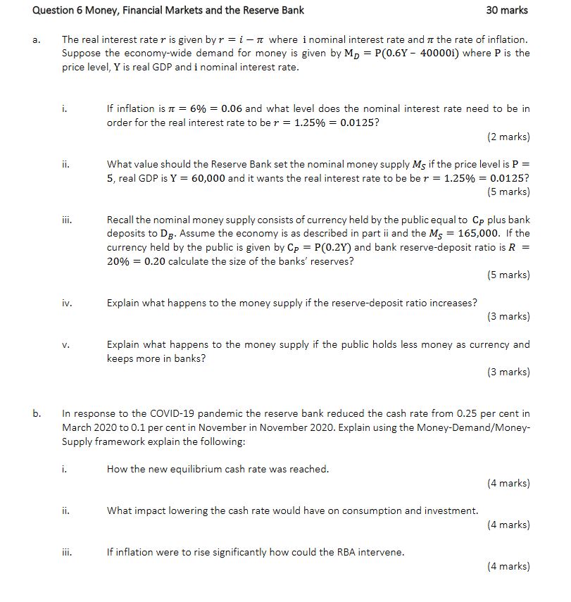 Solved Question 6 Money, Financial Markets and the Reserve | Chegg.com