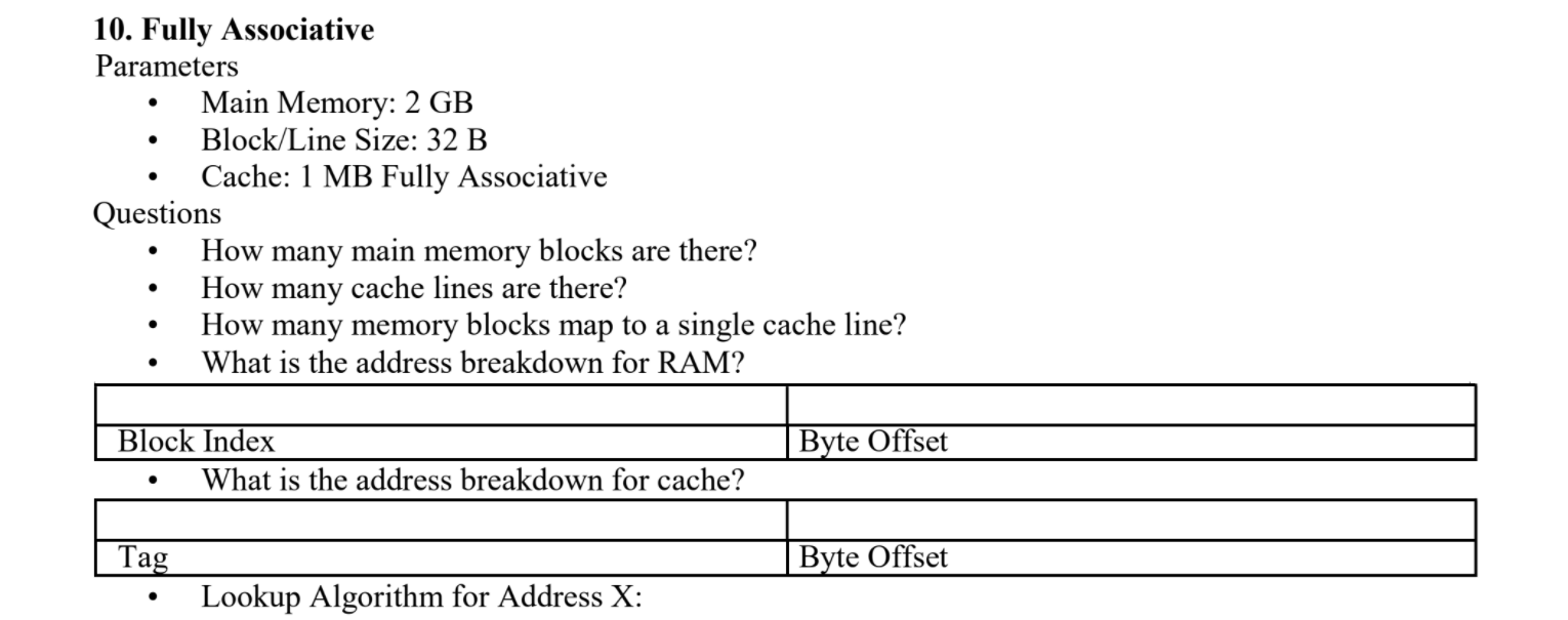 Solved . 10. Fully Associative Parameters Main Memory: 2 GB | Chegg.com