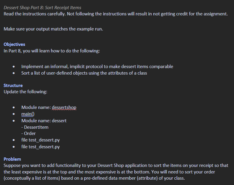 Solved Dessert Shop Part 8: Sort Receipt ItemsRead the | Chegg.com